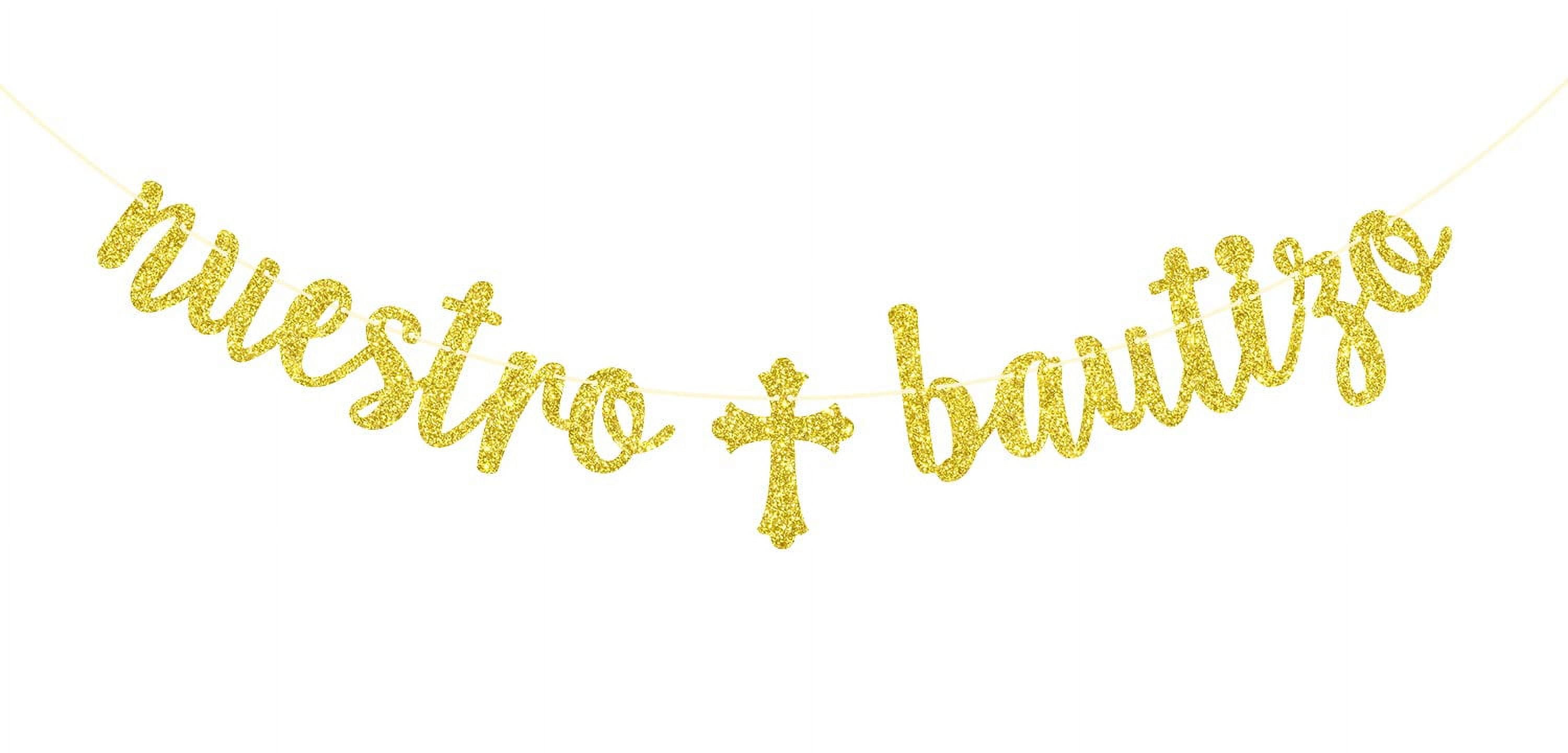 Gold Glitter Nuestro Bautizo Banner - First Holy Communion, God Bless ...