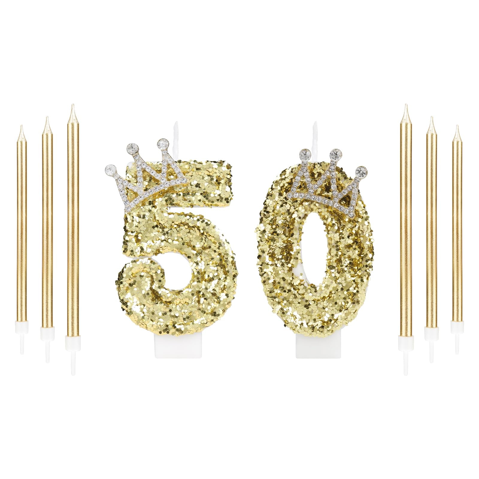 Gold Glitter Number 50 Birthday Candle with Diamond Crown & 6 pcs Gold ...