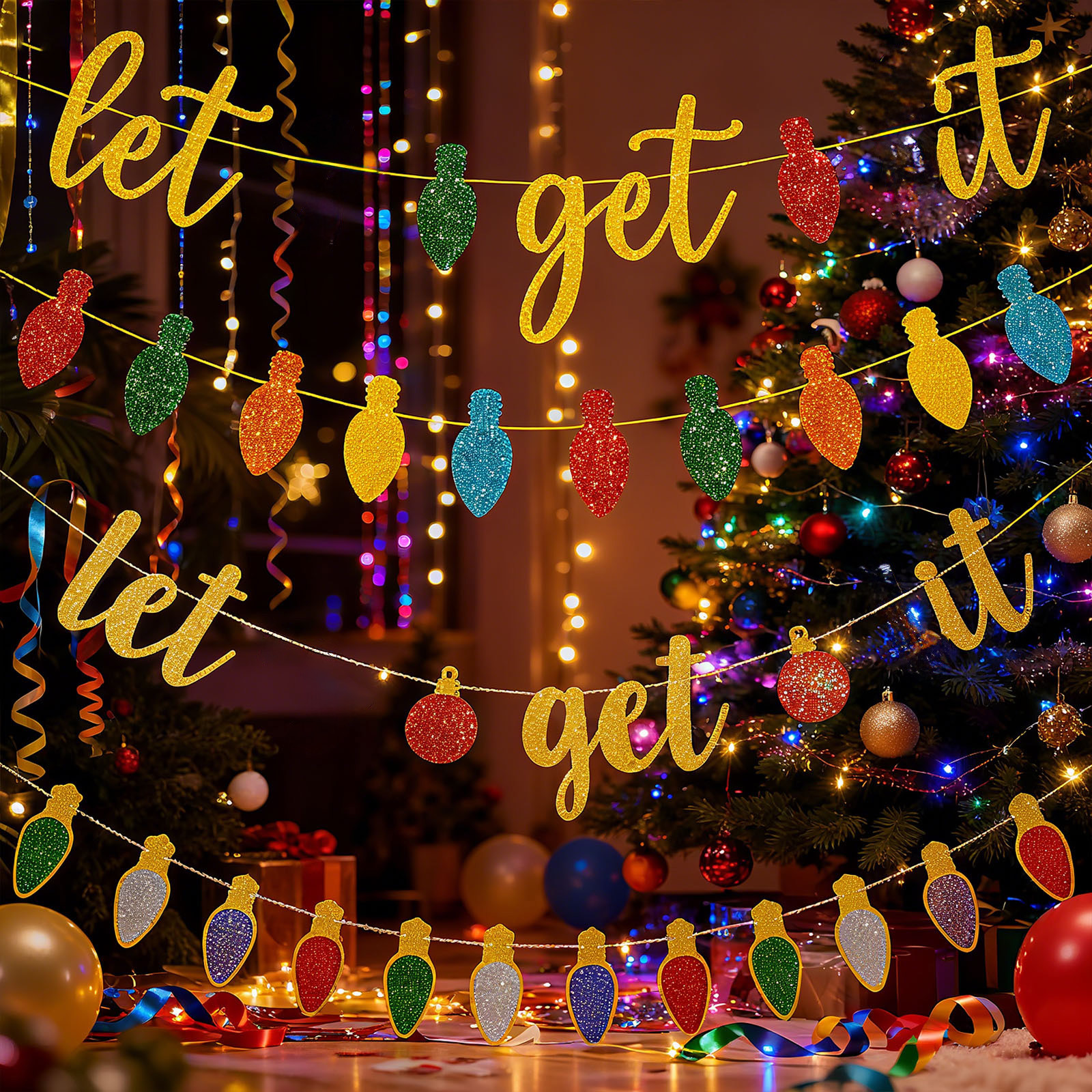 Gold Glitter Paper Letter Banners, Christmas Party Flag String Lights ...