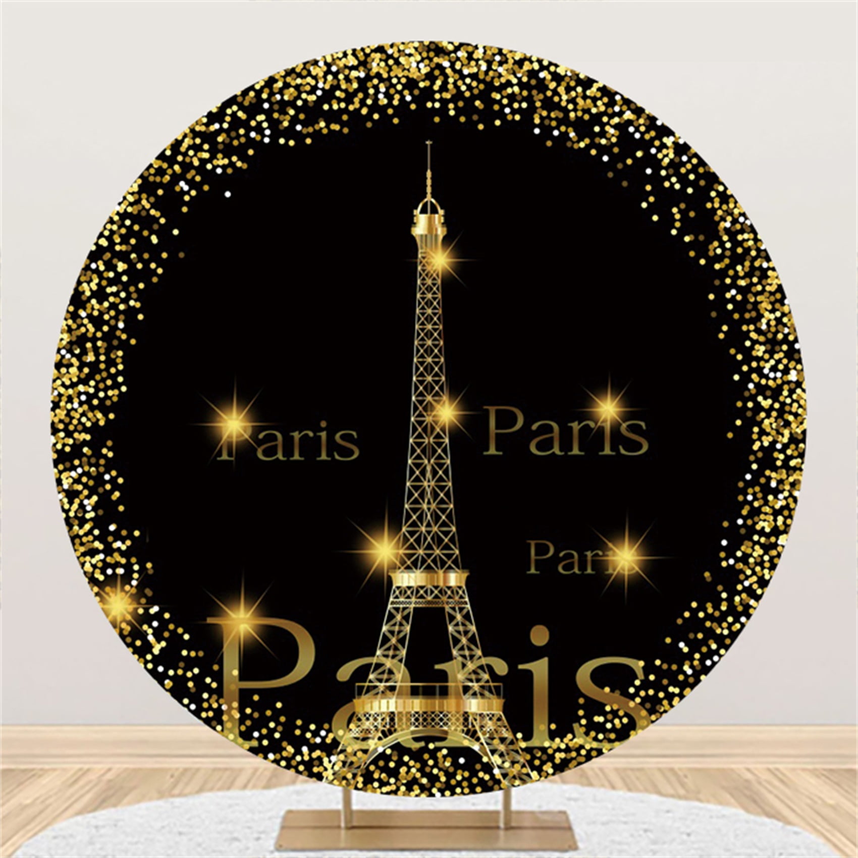 Gold Glitter Paris Round Backdrop Black Sky Sparkling Eiffel Tower Kids ...