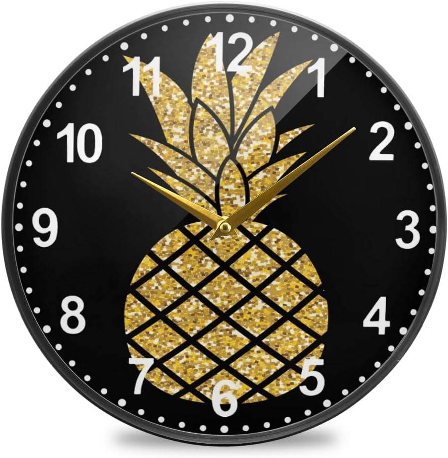 Gold Glitter Pineapple Black Pattern Wall Clock Silent Non Ticking 9.5 ...