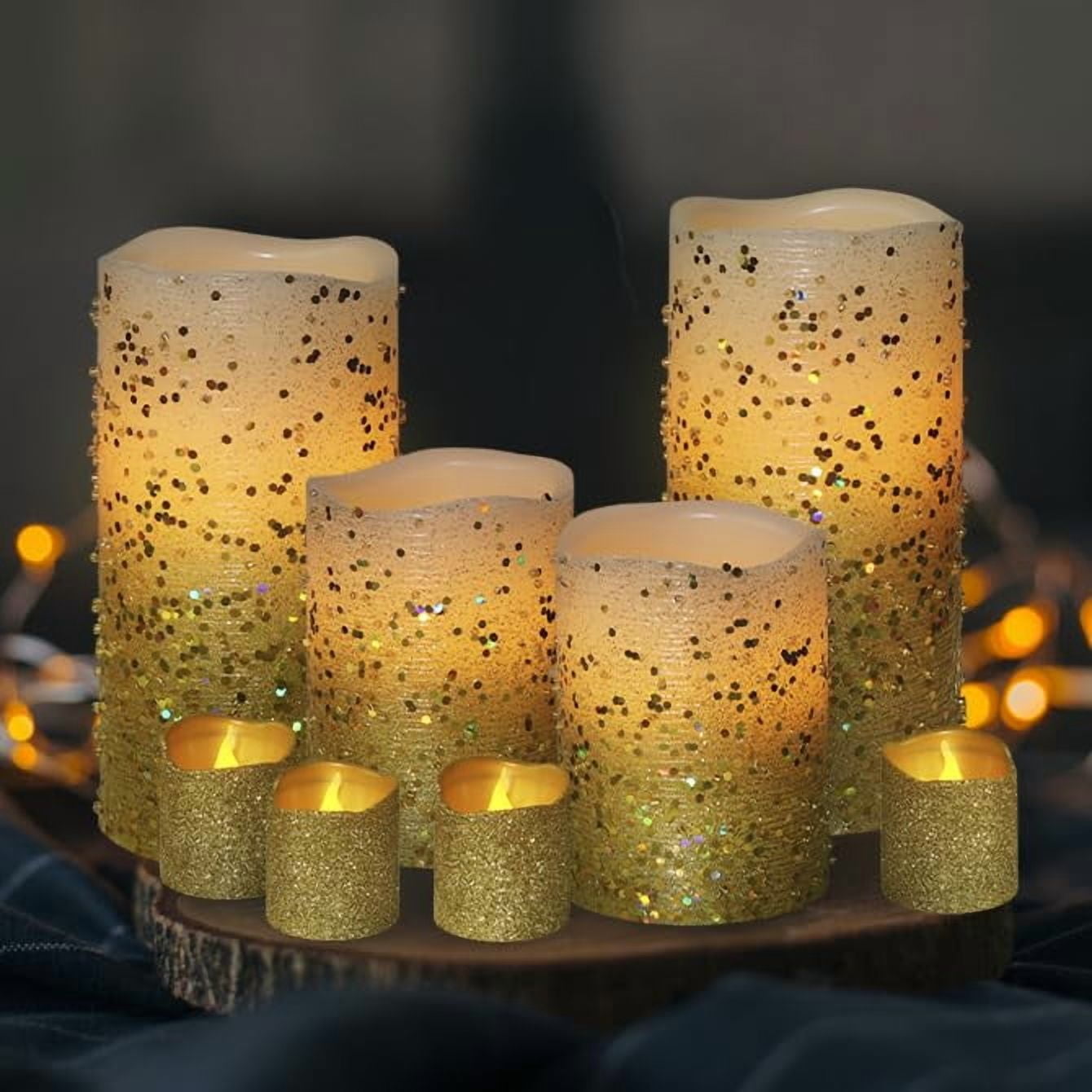 Gold Glitter Real Wax Flameless Candles with Remote and Timer, 4 ...