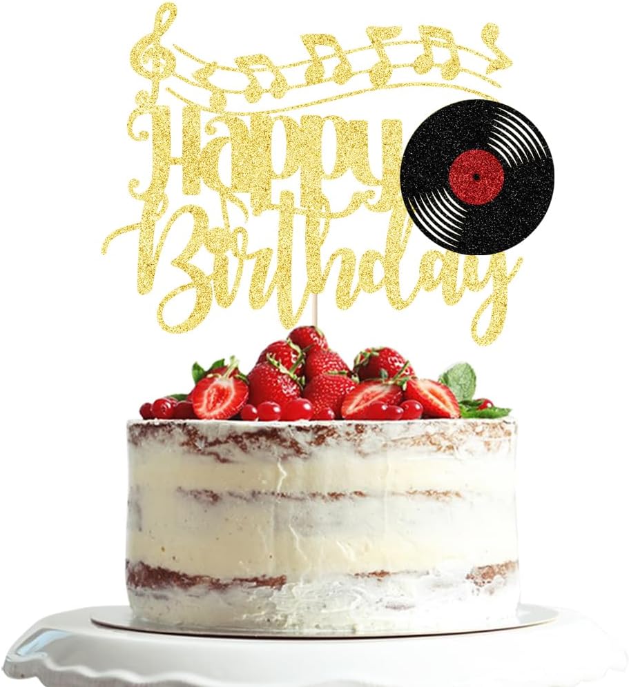 Gold Glitter Record Happy Birthday Cake Topper Vinyl Record Retro Rock ...