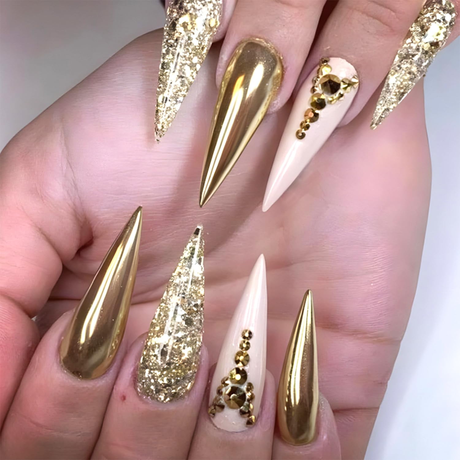 Gold Glitter Rhinestones Press on Nails Extra Long Fake Nails Stilettos ...