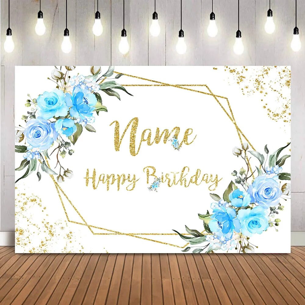 Gold Glitter Shining Birthday Backdrop Blue Floral Flowers Photo ...
