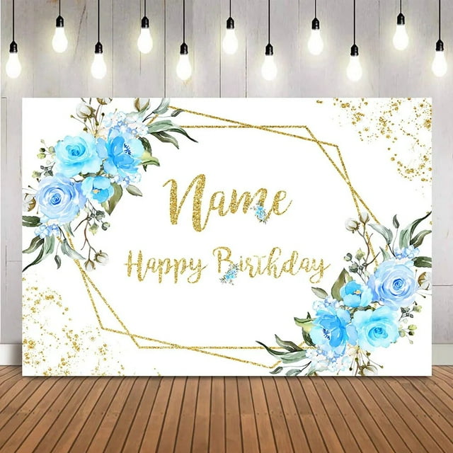 Gold Glitter Shining Birthday Backdrop Blue Floral Flowers Photo Background Customize Name DIY ...