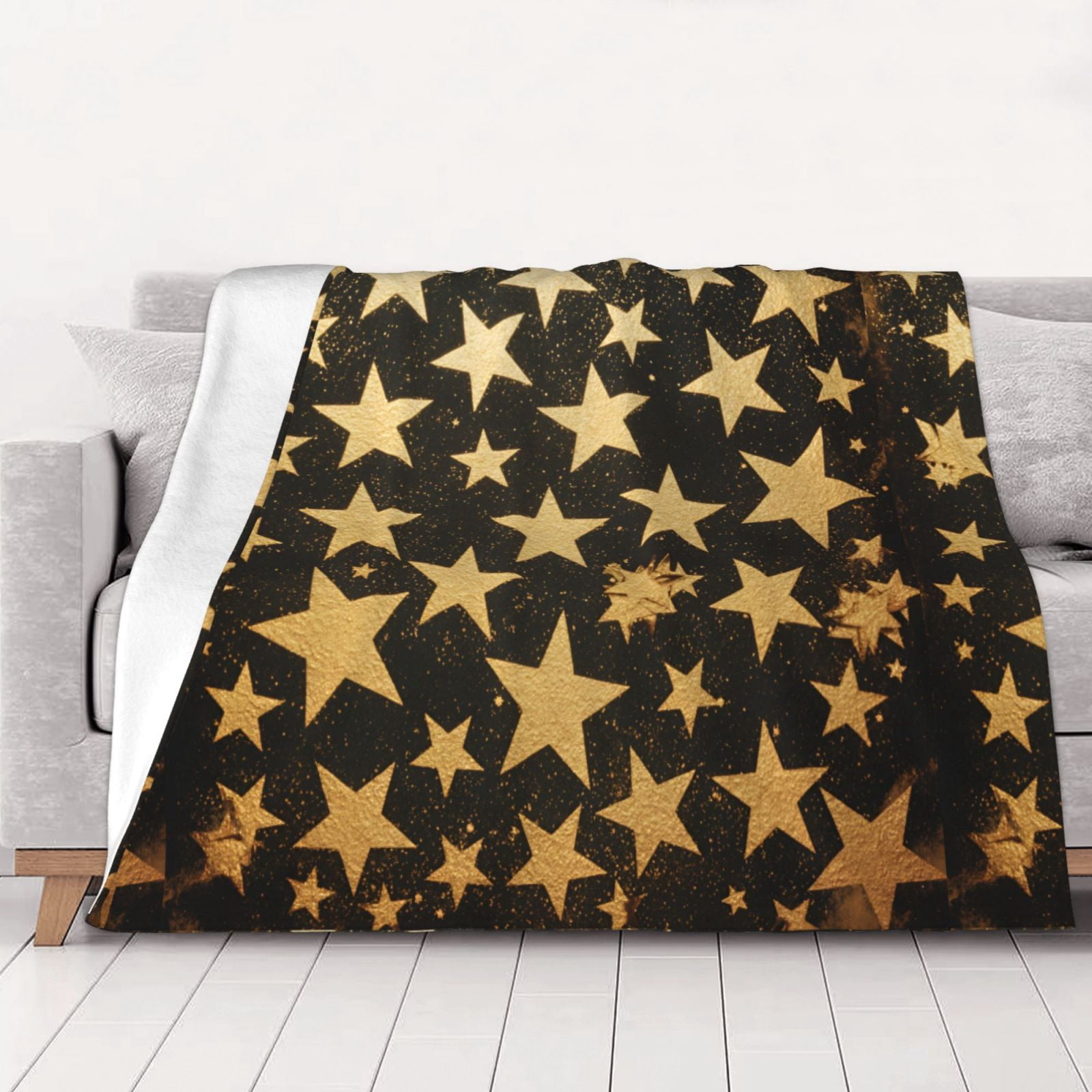 Gold Glitter Stars Pattern Throws Blanket Fleece Soft Cozy Warm Plush ...