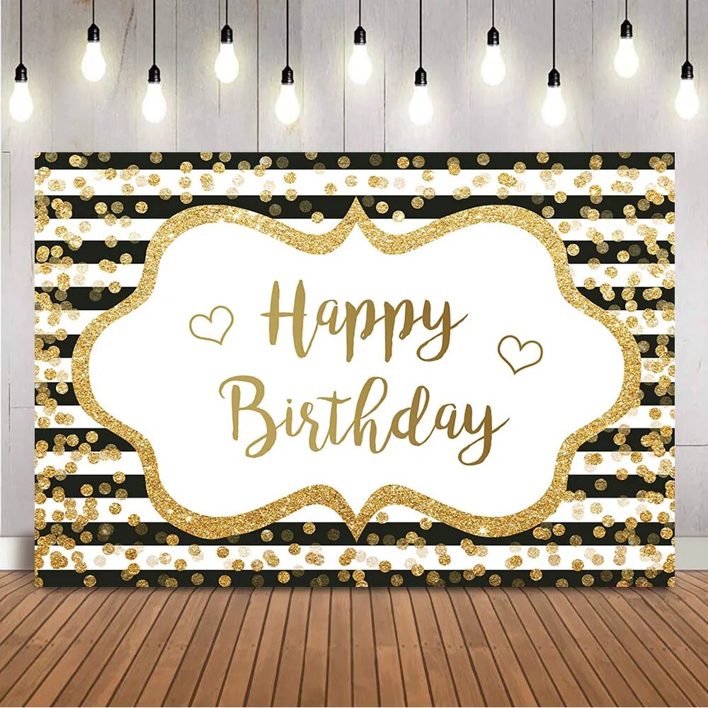 Gold Glitter Stirpe Birthday Backdrop for Adult Theme Party Decorations Customize Happy Birthday ...