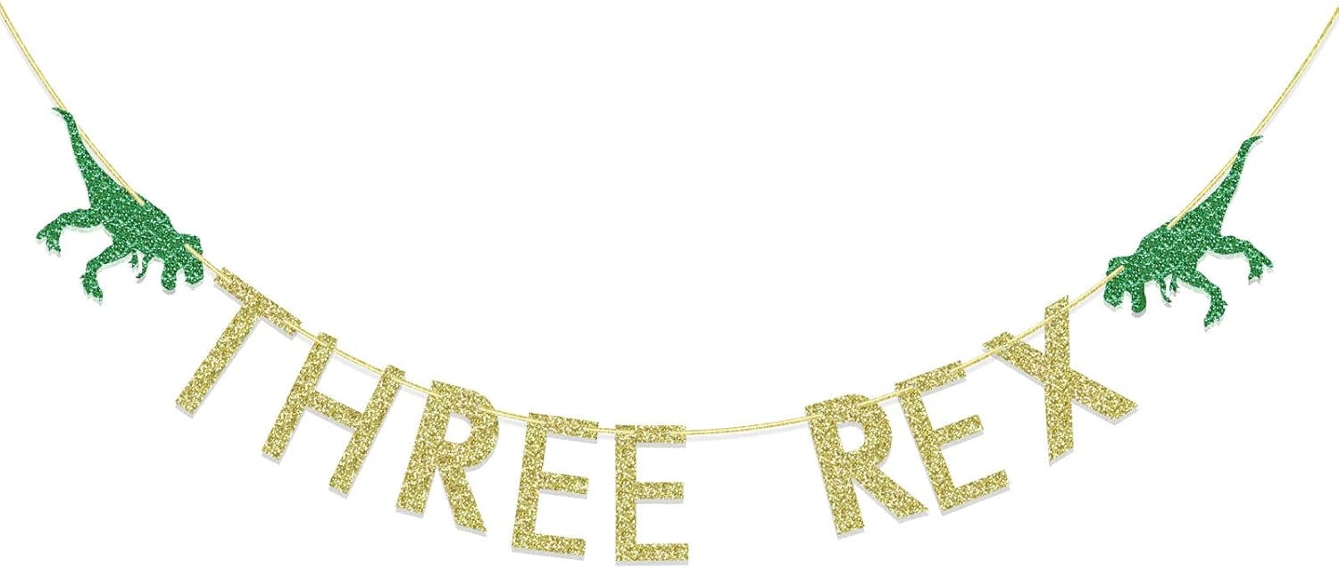 Gold Glitter Three Rex Banner with Green T‑Rex Dinosaur Cutouts ...