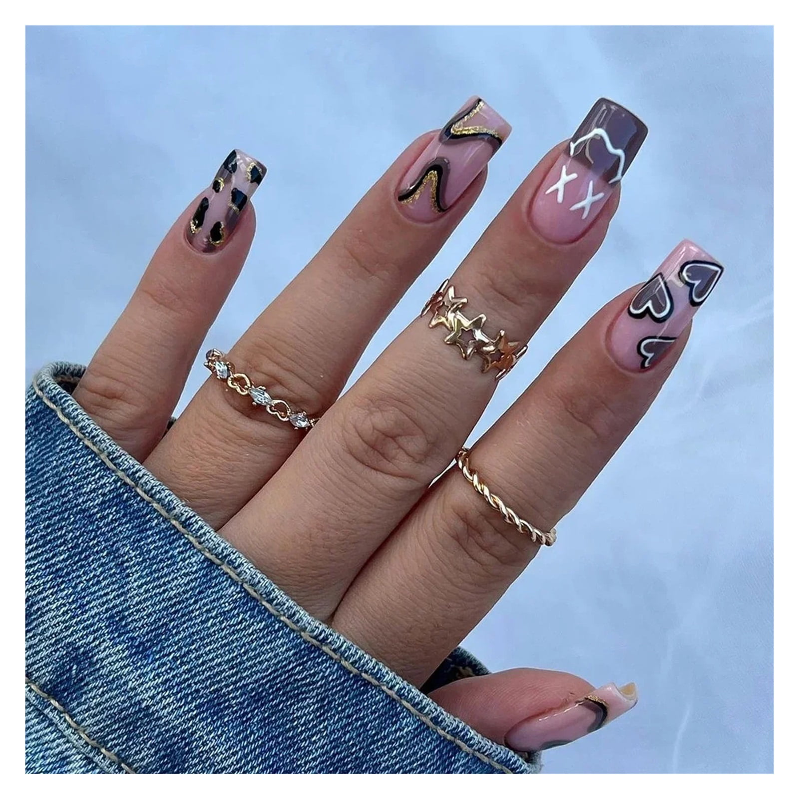 Gold Glitter V-shaped French Long Nails White Flowers Rhinestone ...