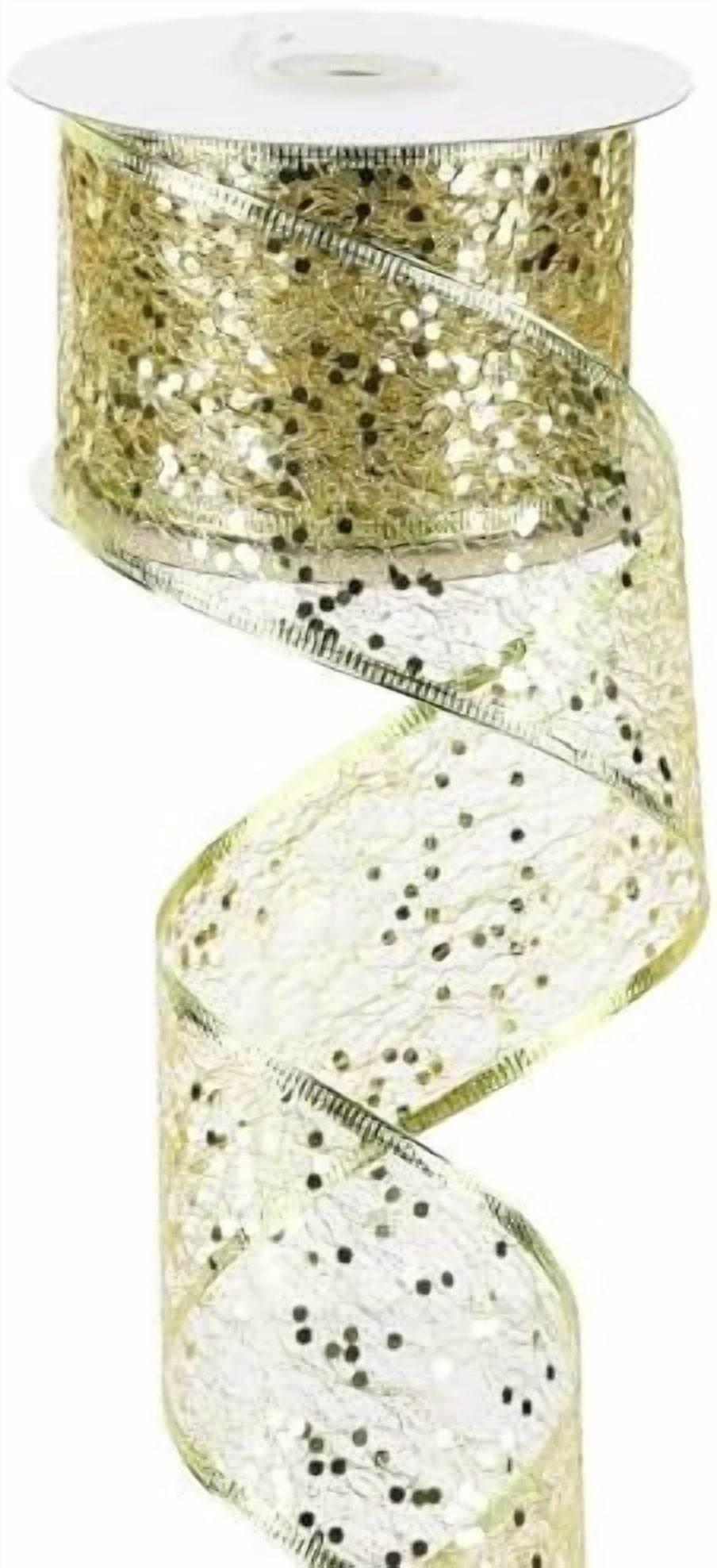 Gold Glitter Wire Mesh Ribbon 2.5 Inch With Sparkle for Christmas Tree ...