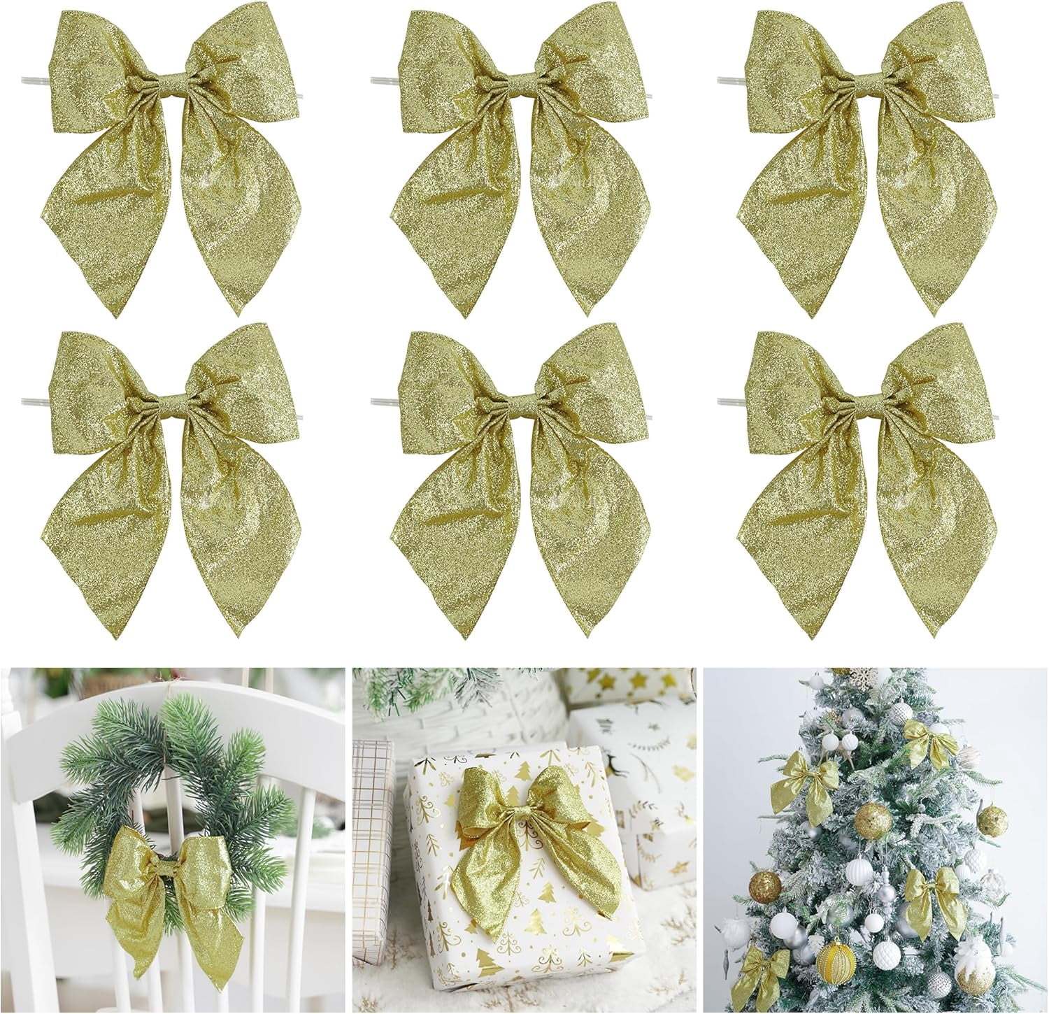 Gold Glitter Wired Ribbon Bows with Twist Tie 5.5" Premade Metallic ...