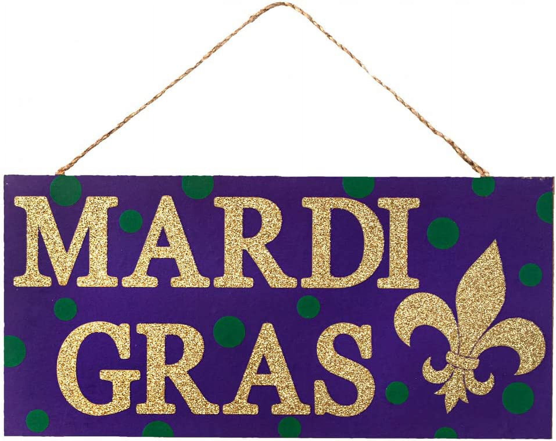 Gold Glittered Mardi Gras Sign - 12.5" x 6", Purple, Green Dots, Fleur ...