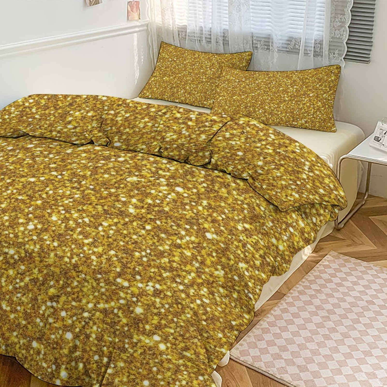 Gold Glittering Sparking Sequins Pattern 90"x90" 3 Pcs Soft Bedding Set ...