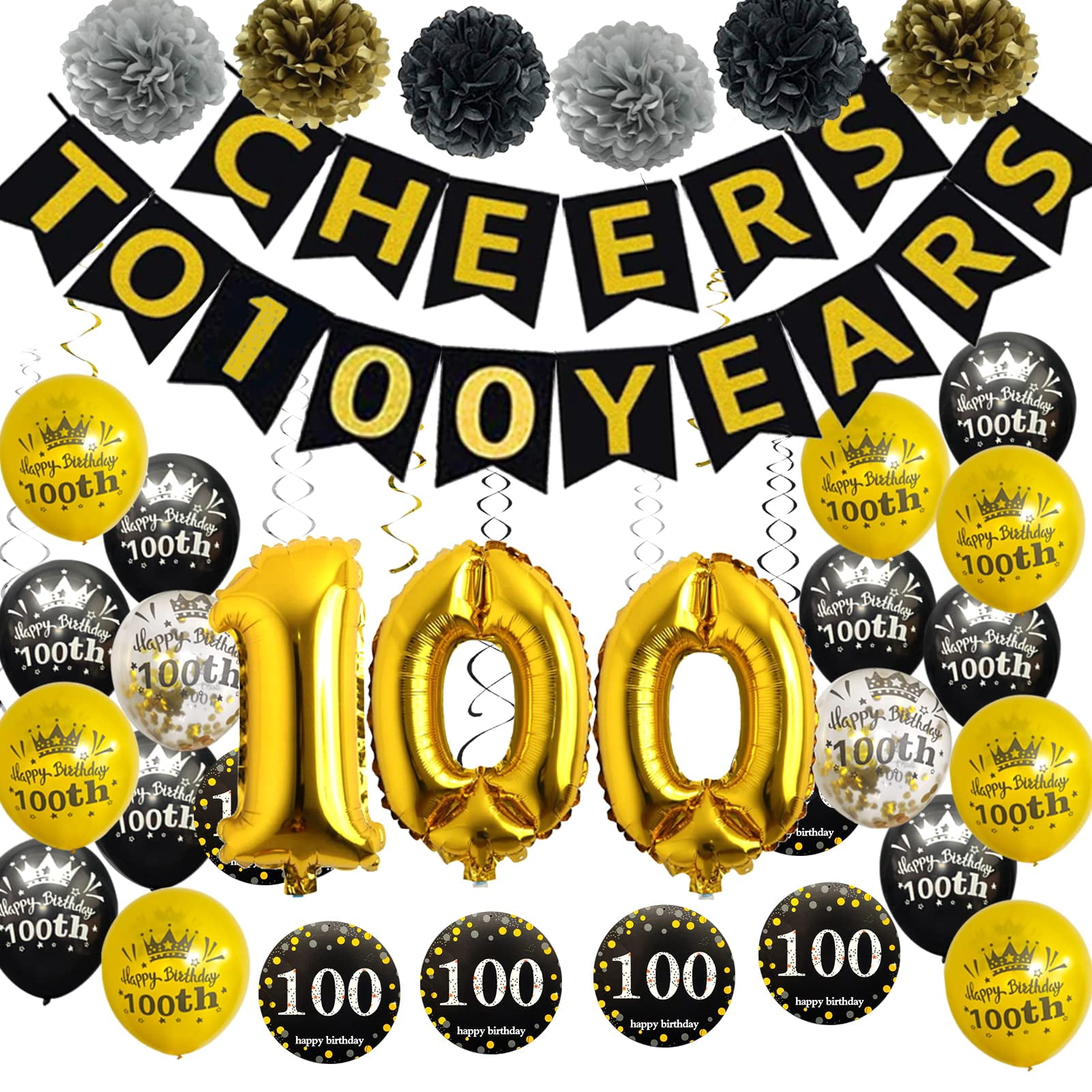 Gold Glittery Cheers to 100 Years Banner & Hanging Swirls 100th ...