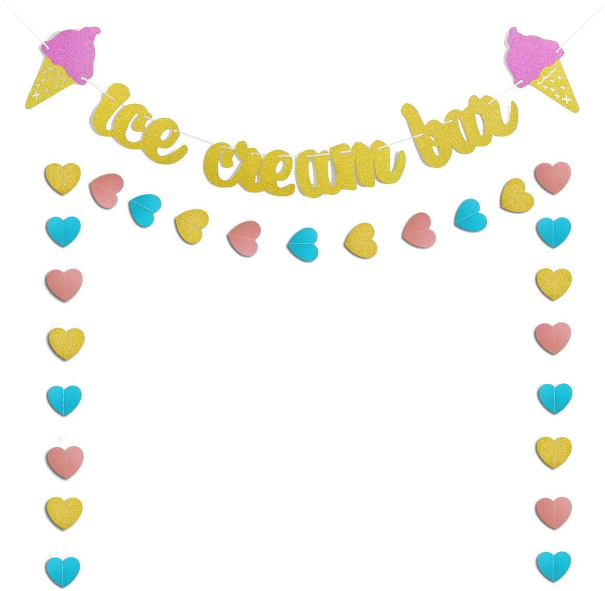 Gold Glittery Ice Cream Bar Sign Banner and Pink, Blue, Gold Heart ...