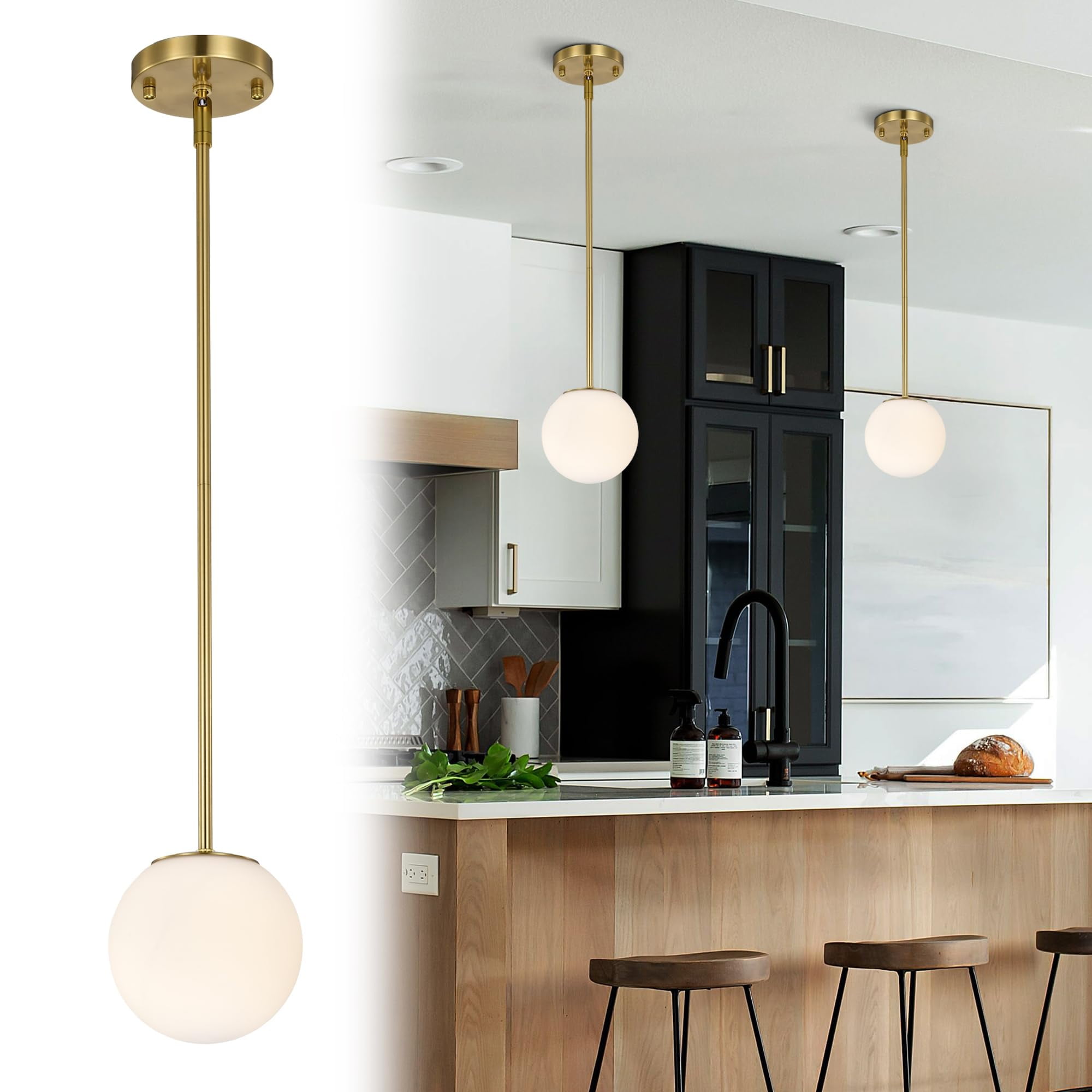 Gold Globe Pendant Light for Kitchen Island 5.9" Milk Glass Shade Mid ...