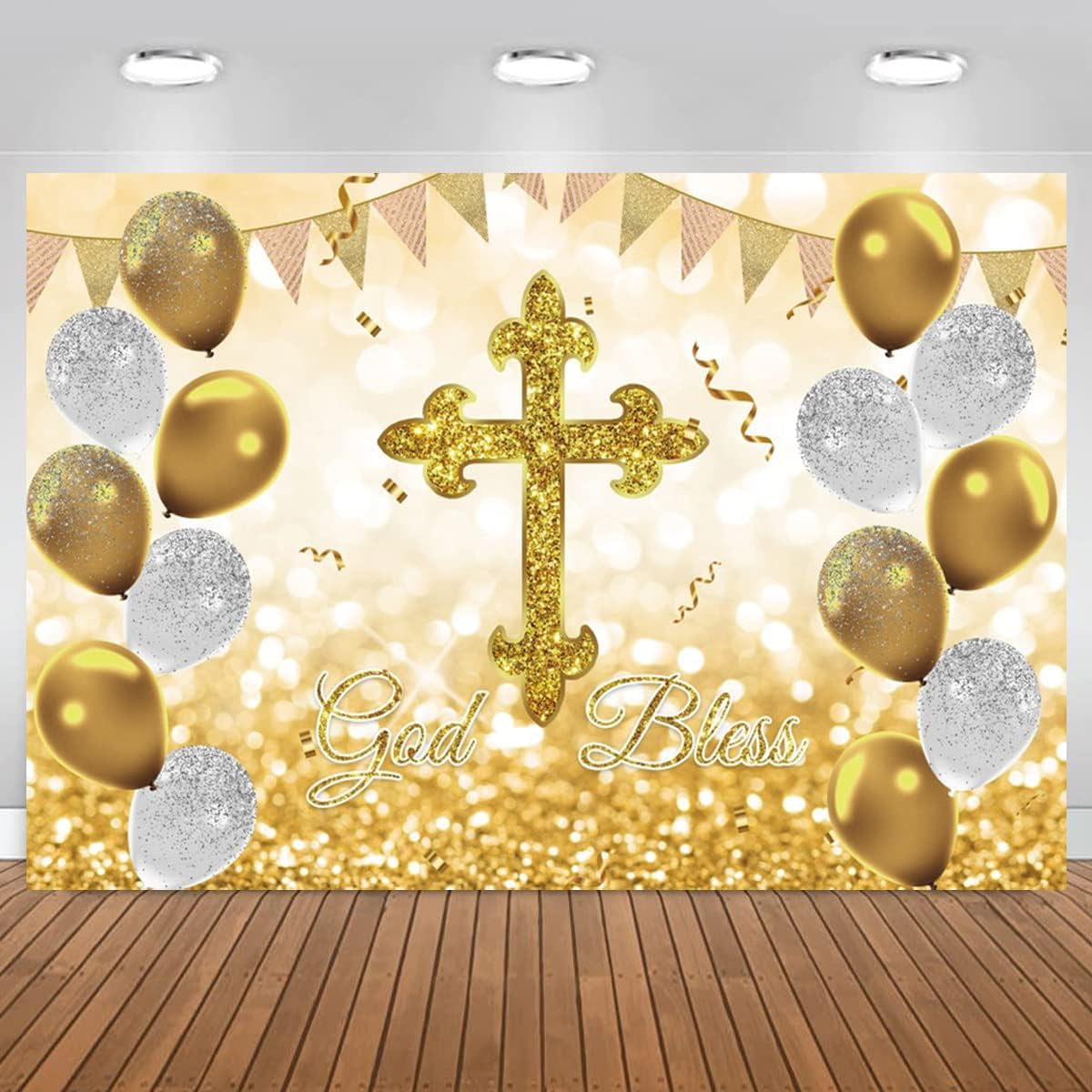 Gold God Bless Baptism Background Gold Balloons Cross First Holy ...