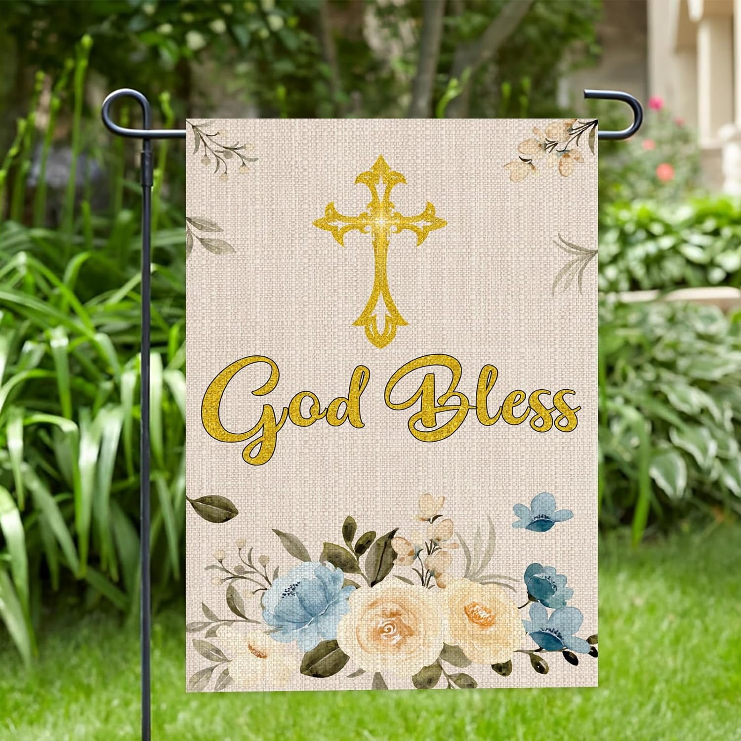 Gold God Bless Garden Flag - Cross First Communion Baptism Baby Shower ...
