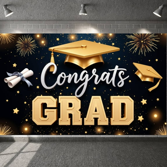 Gold Grad Cap Graduation Banner Colorful Stars Grad Backdrop Confetti ...