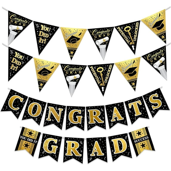 Gold Graduation Banner & Pennants Kit - Black and Gold Graduation Party ...