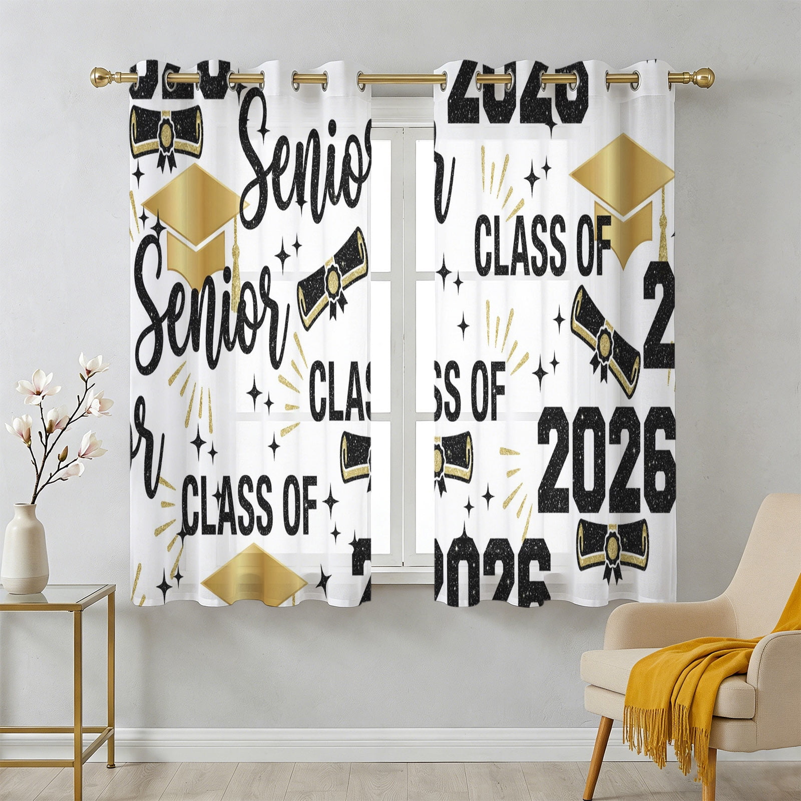 Gold Graduation Cap Sheer Curtains 45 Inch Long 2 Panels, Class of 2026 ...