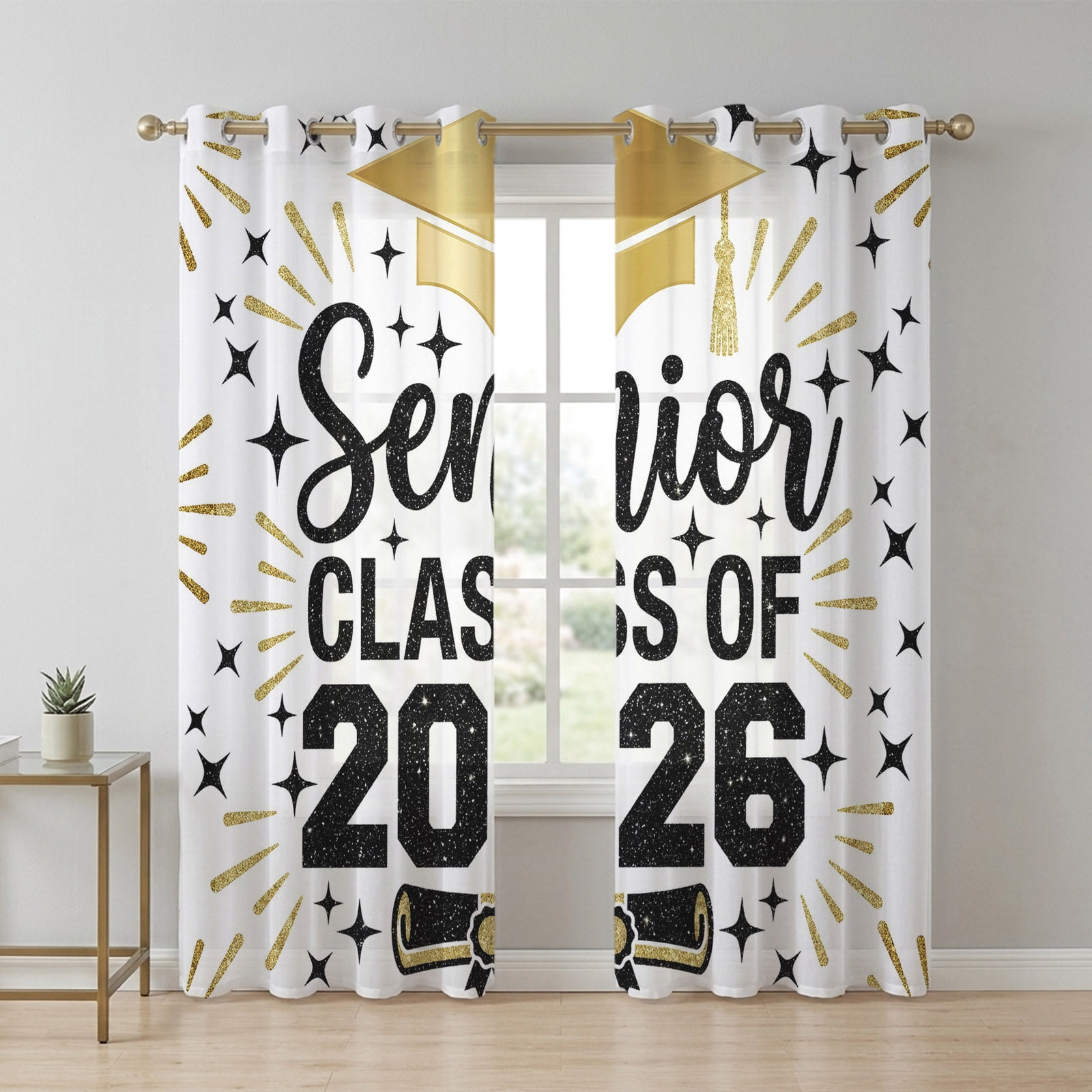 Gold Graduation Cap Sheer Curtains 90 Inch Long 2 Panels, Class of 2026 ...