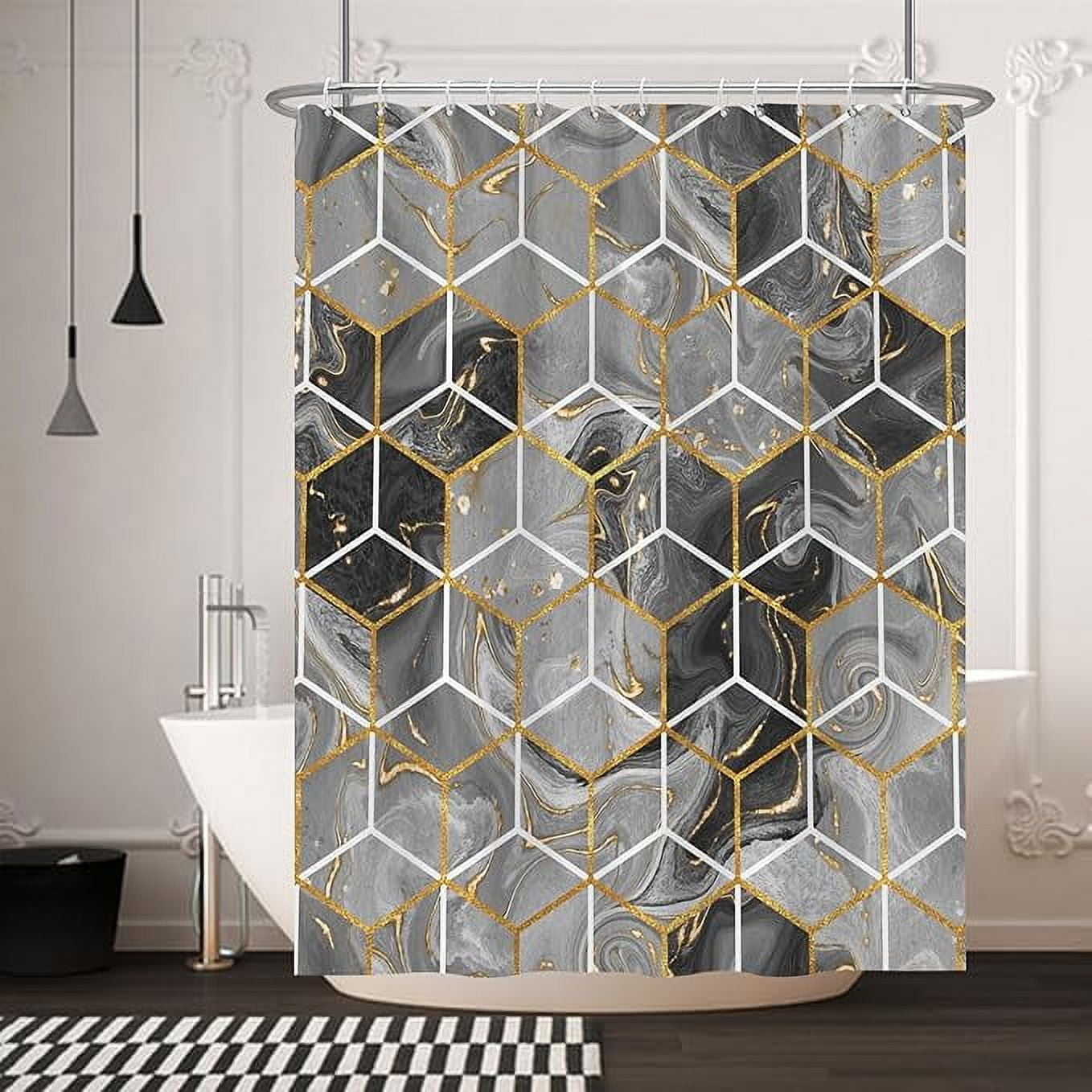 Gold Gray Modern Shower Curtain,Geometric Figure Shower Curtain Set For ...