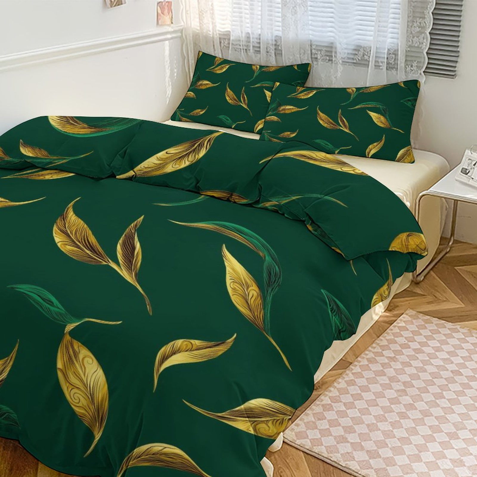Gold Green Leaves Seamless Pattern Design Bedding Set with Zipper ...