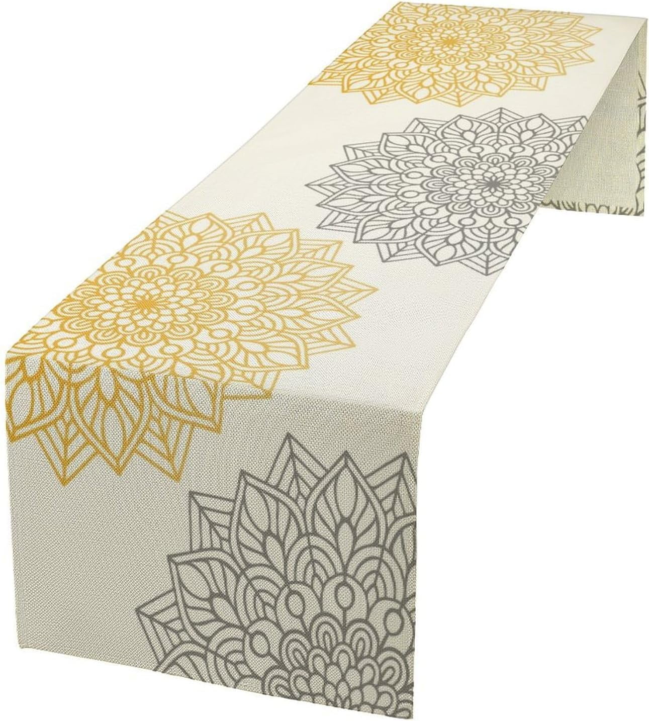 Gold Grey Boho Floral Table Runner Retro Mandala Flower Abstract Dahlia ...