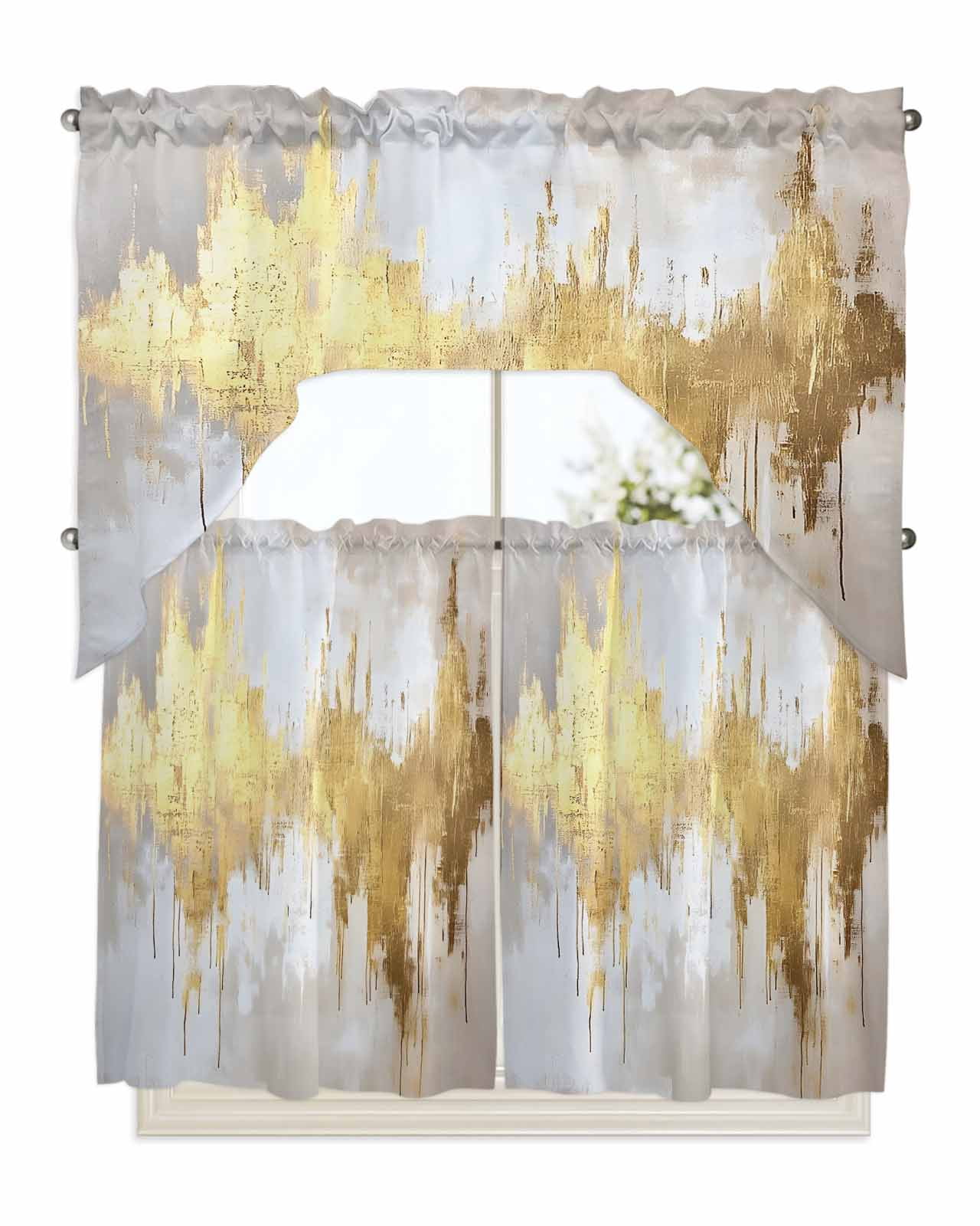 Gold Grey Kitchen Curtain and Valance Set 3 Pieces,Rod Pocket Short ...