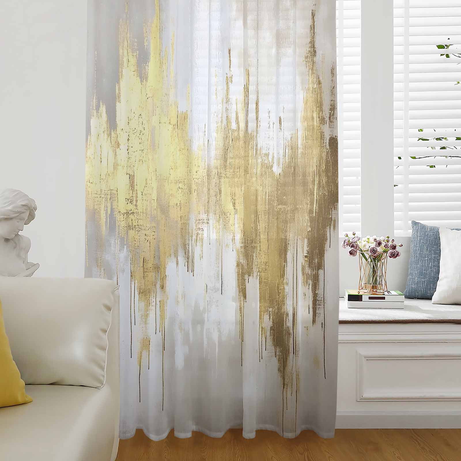 Gold Grey Semi Sheer Curtains Drapes for Living Room,Bedroom,French ...