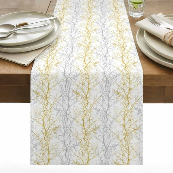 Gold Grey Table Runner 13x36 inch Tree Branch Cotton Linen Dining Table ...