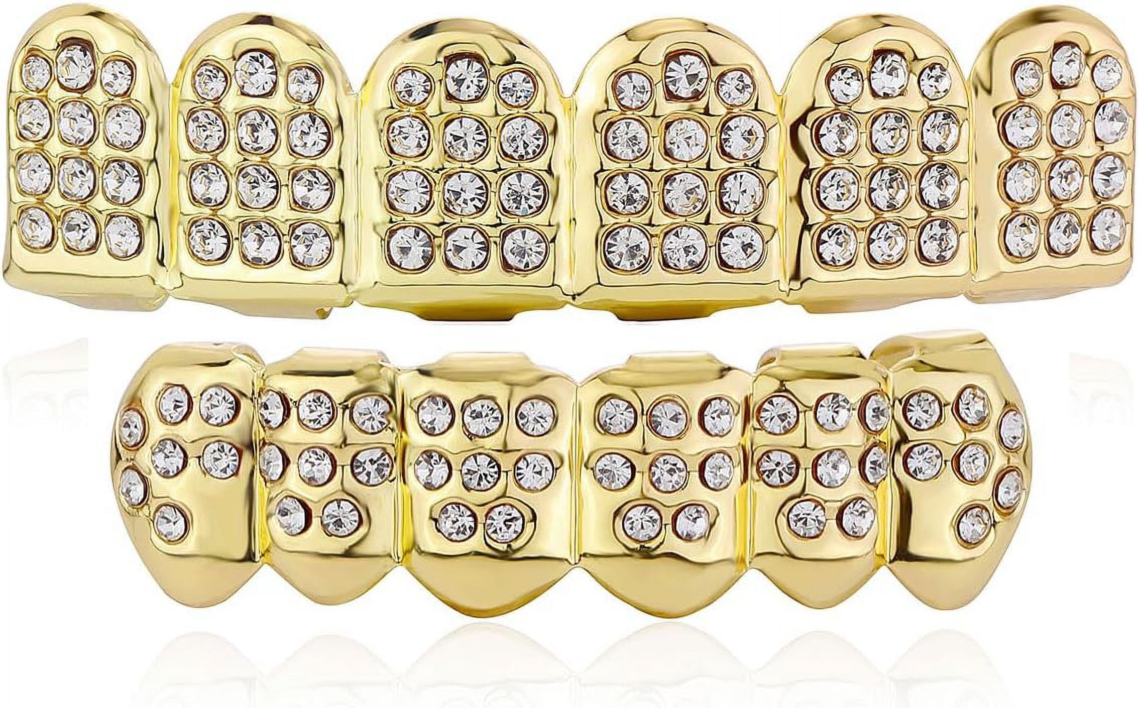 Gold Grill 14K Gold Plated Iced Out Teeth Grillz Top Bottom Tooth Caps ...
