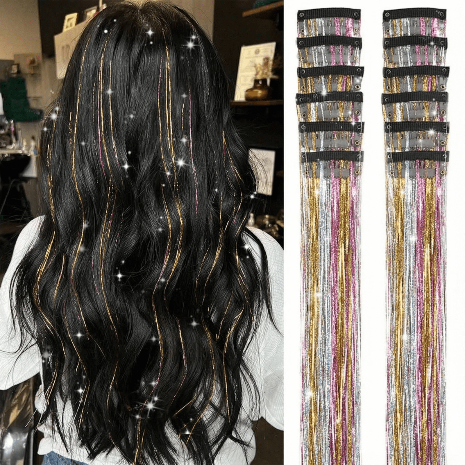 Gold Hair Tinsel Clip-In Extensions 12 Pack, 50–60cm Glitter Fairy Hair ...
