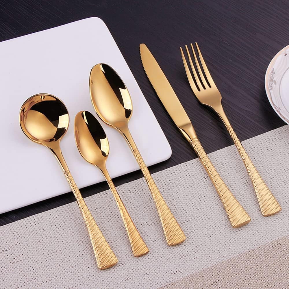 Gold Hammered Silverware Set for 12 Modern Flatware Cutlery Utensils ...