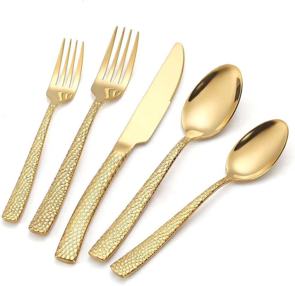 Gold Hammered Silverware Set, 40-Piece Stainless Steel Flatware Set for ...