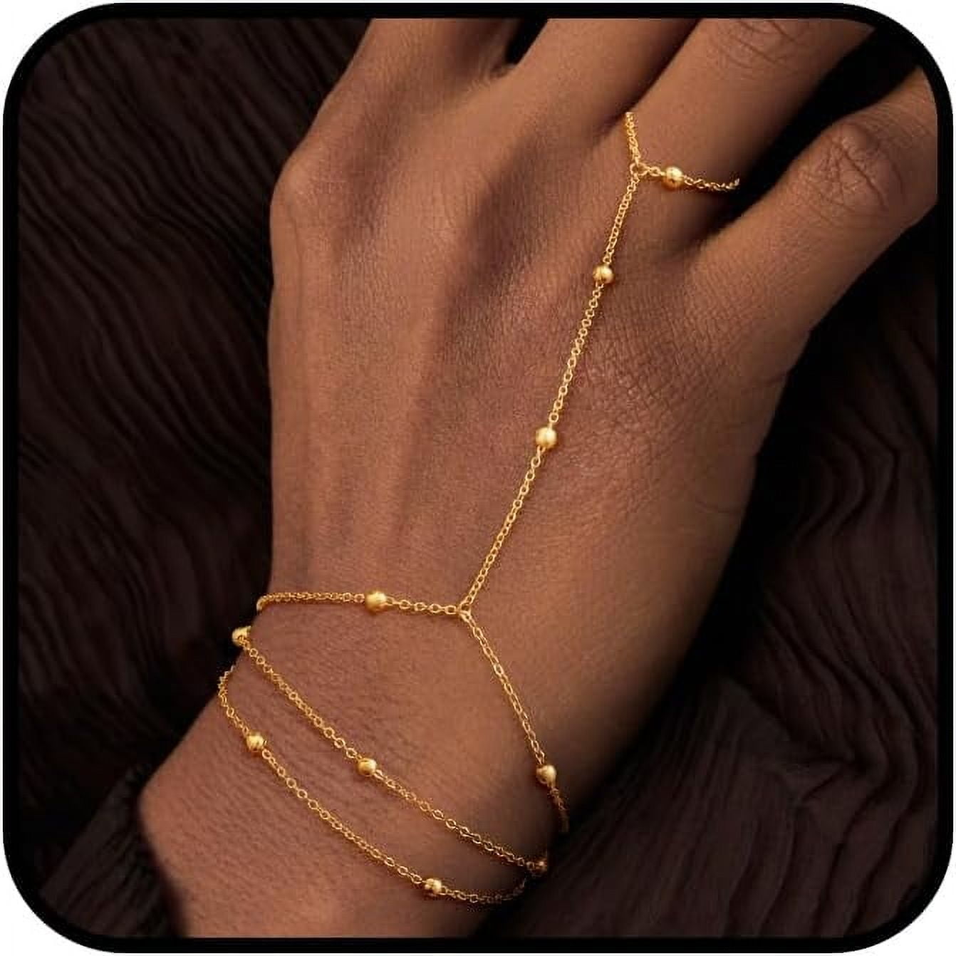 Gold Hand Chain Bracelet for Women, 14k Gold Plated Finger Ring ...