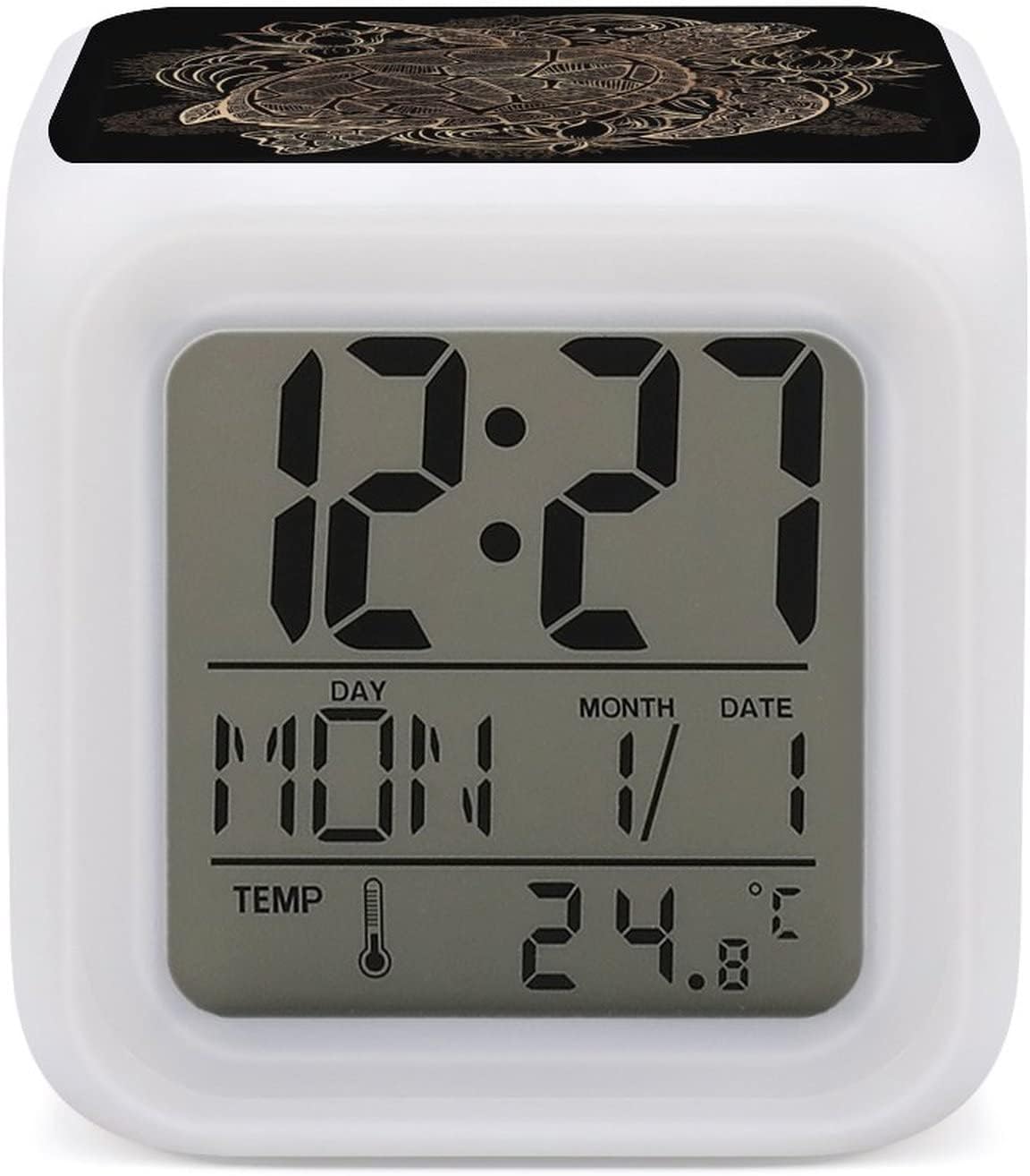 Gold Hand Drawn Sea Turtle Lotus Flowers On Black Mini Digital Alarm ...