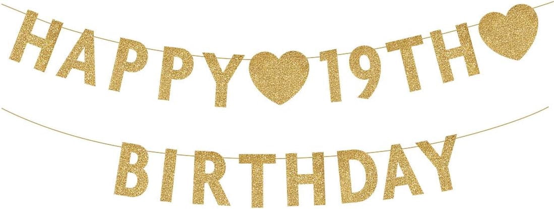 Gold Happy 19th Birthday Banner, Glitter 19 Years Old Boy or Girl Party ...