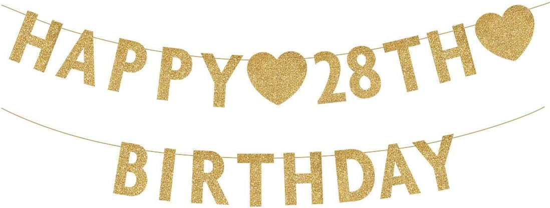 Gold Happy 28th Birthday Banner, Glitter 28 Years Old Woman or Man ...