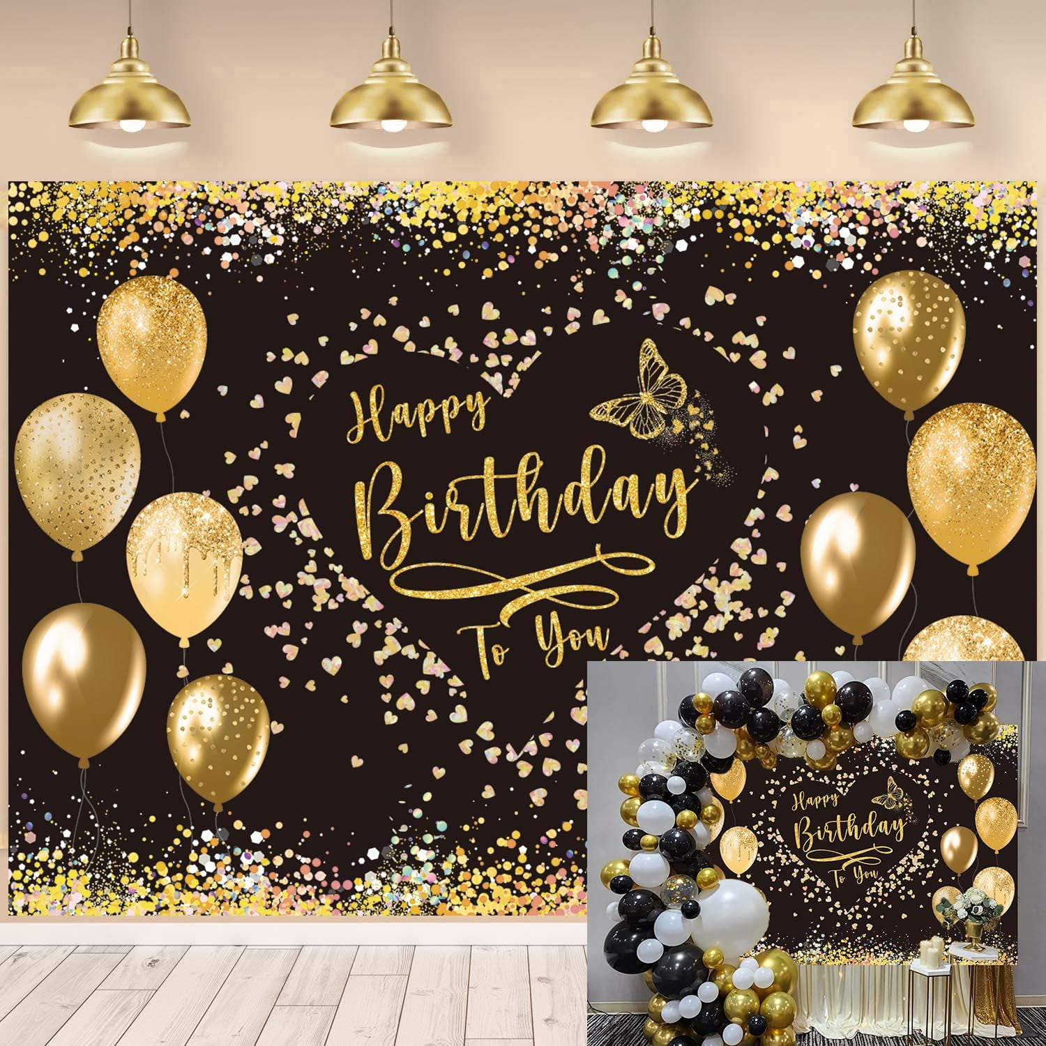 Gold Happy Birthday Backdrop Black Gold Love Heart Balloon Photography ...
