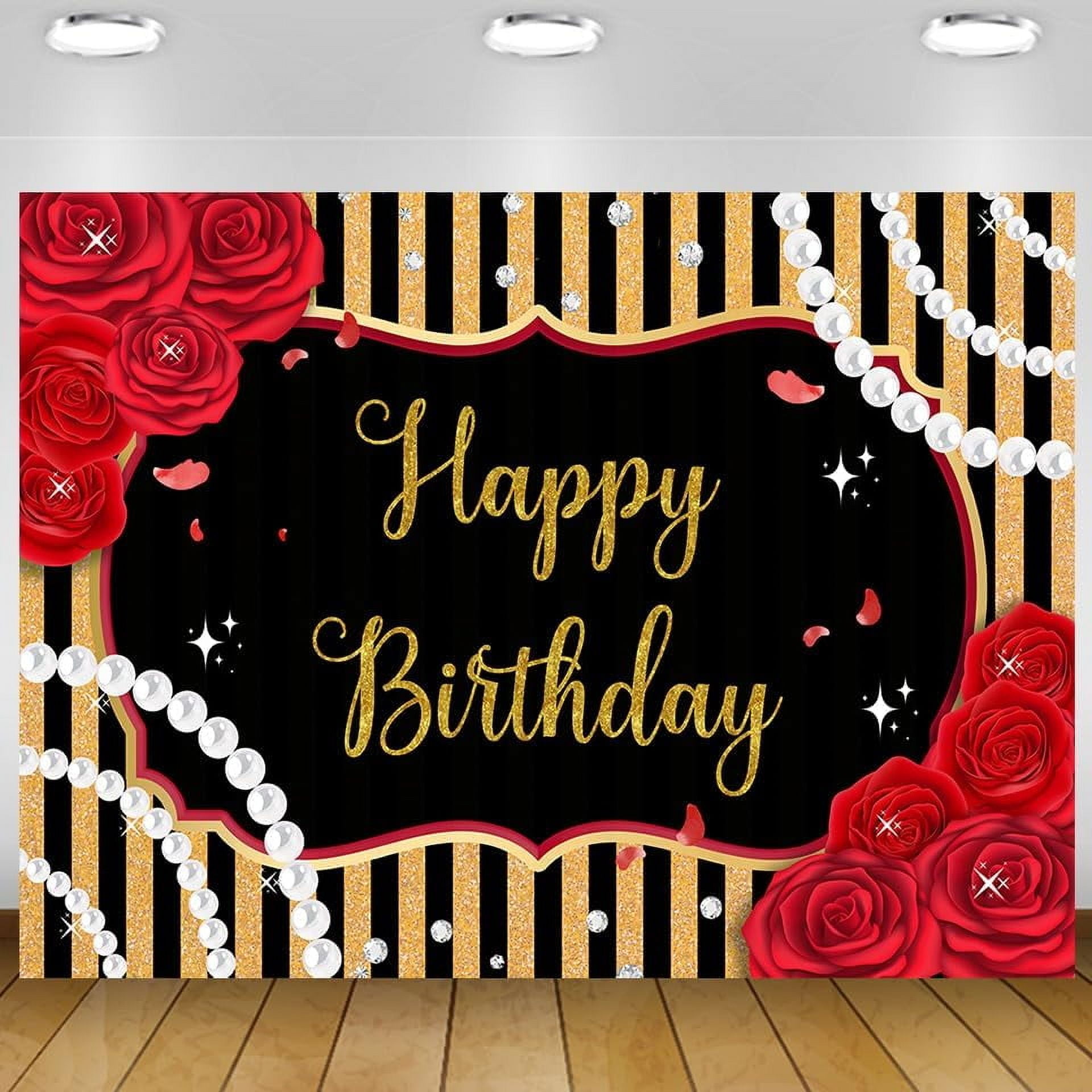 Gold Happy Birthday Backdrop Red Rose Birthday Backdrop for Women Black ...