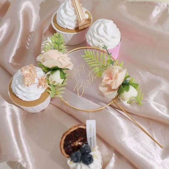 Gold Happy Birthday Cake Topper Set Blush Silk Rose Flowers Party ...
