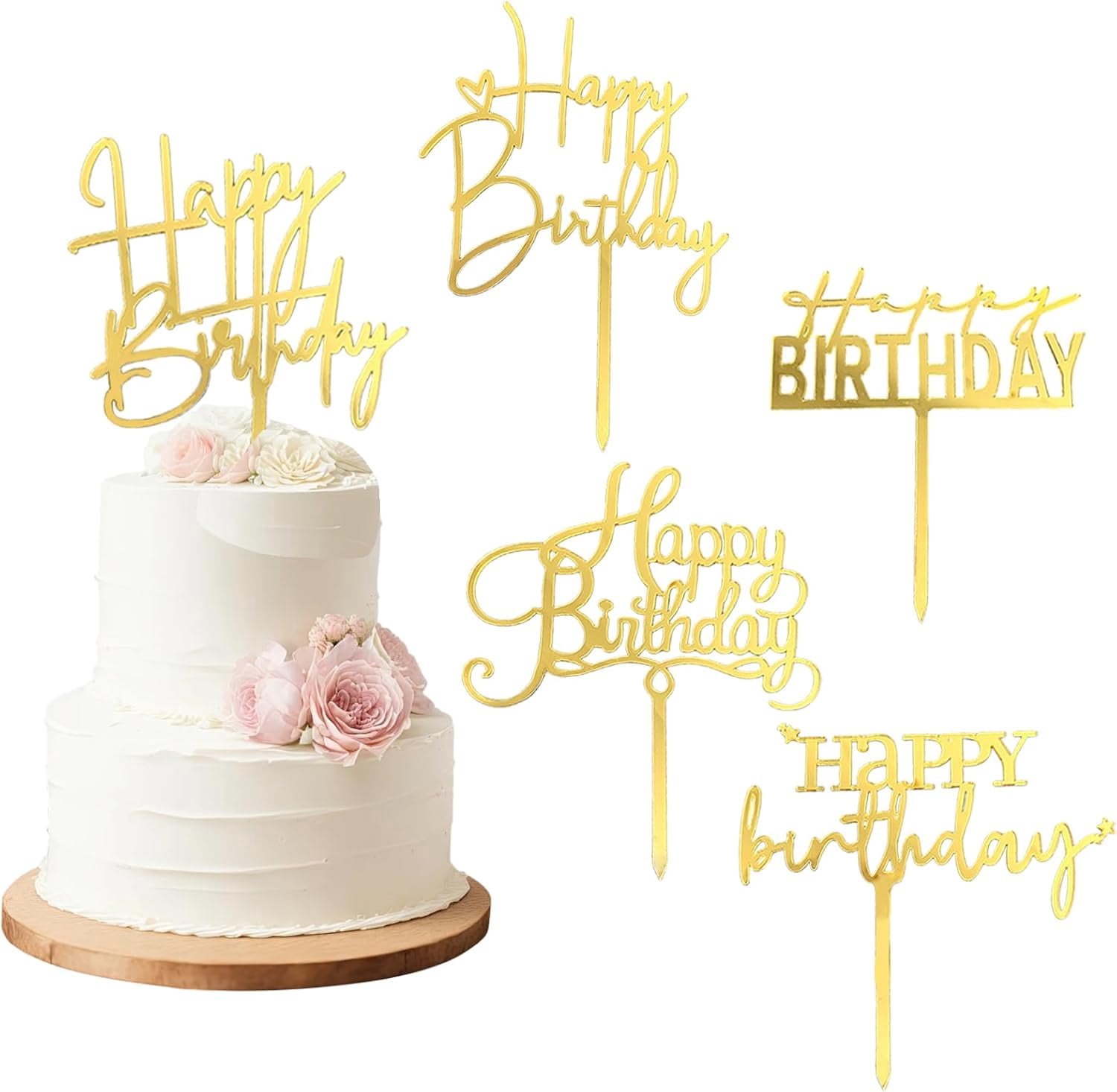 Gold Happy Birthday Cake Toppers, 5Pcs Acrylic Cupcake Toppers, Happy ...
