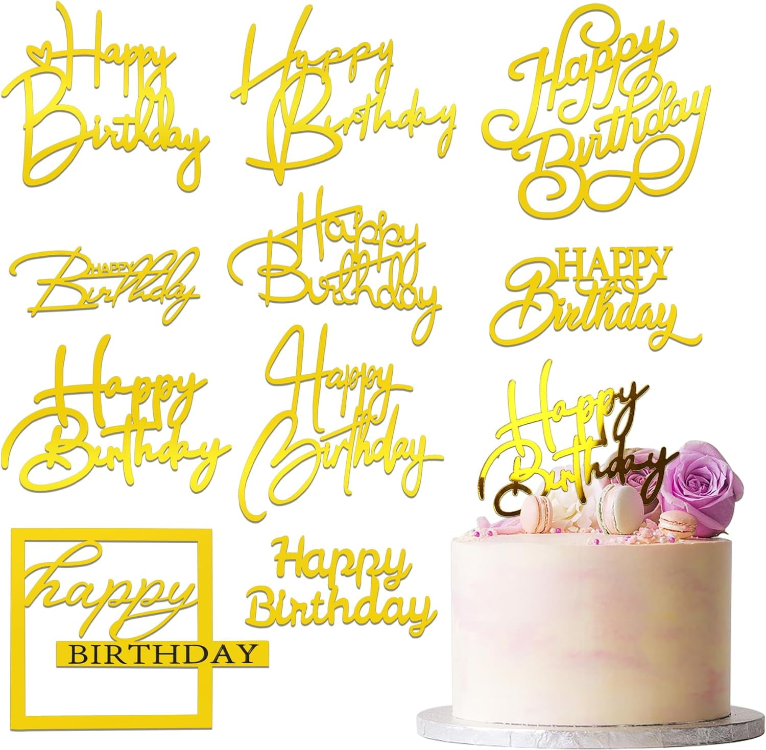 Gold Happy Birthday Cake Toppers Set - 10 Styles Mirror Acrylic Cake ...