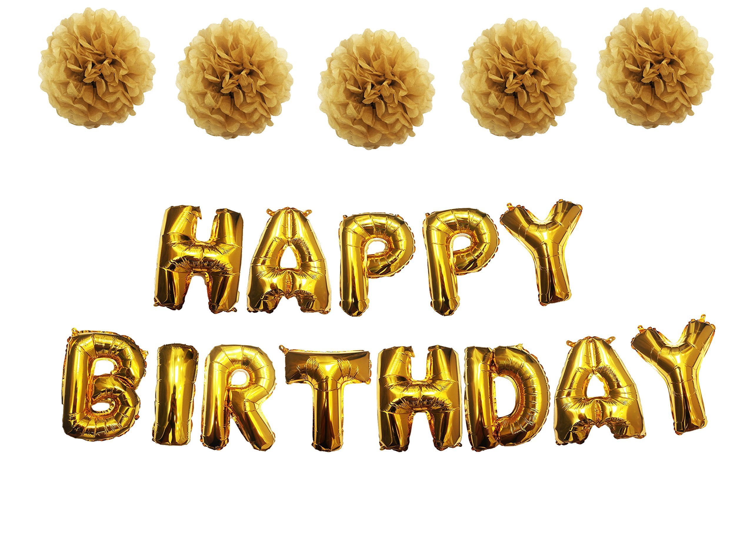 Gold Happy Birthday Party DHF10 Balloons Banner | 5 Gold Tissue Pom ...