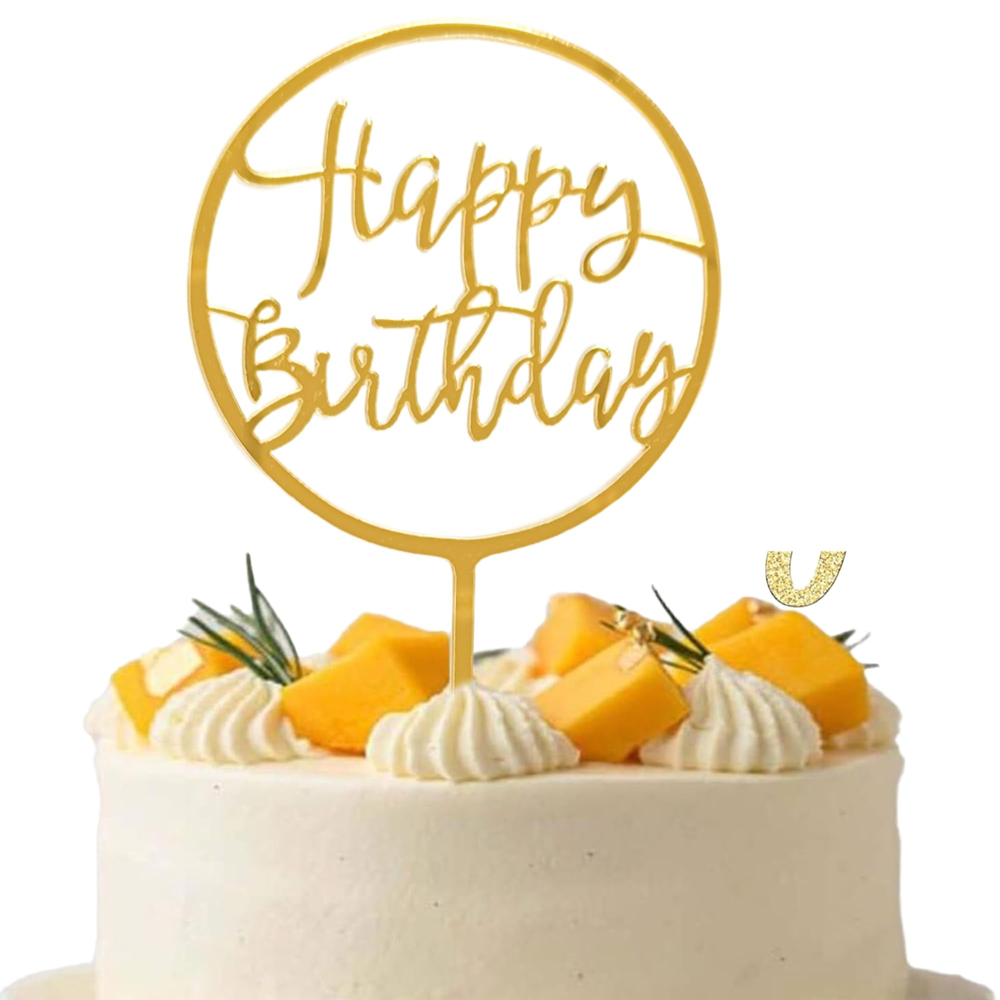 Gold Happy Birthday TWE5 Cake Topper, Acrylic Birthday Cupcake Toppers ...