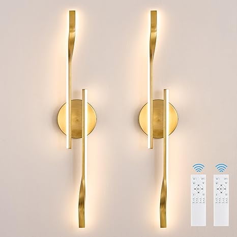 Gold Hardwired LED Wall Sconce Set of 2, Remote Control Wall Lamp for ...