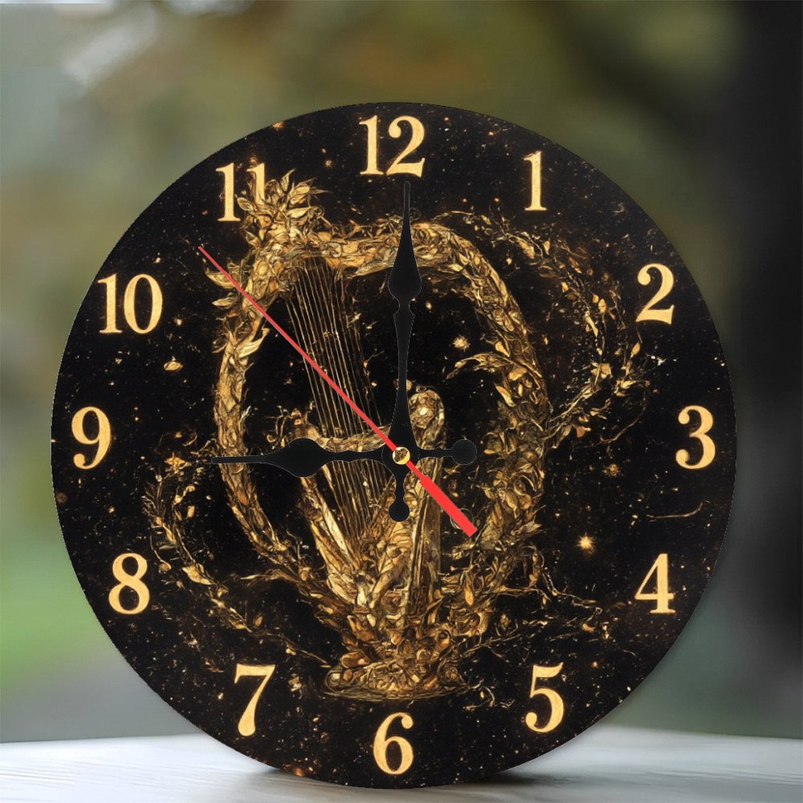 Gold Harp Clock Wall Decor Unique Art Gift 10-Inch Silent Wooden Wall ...